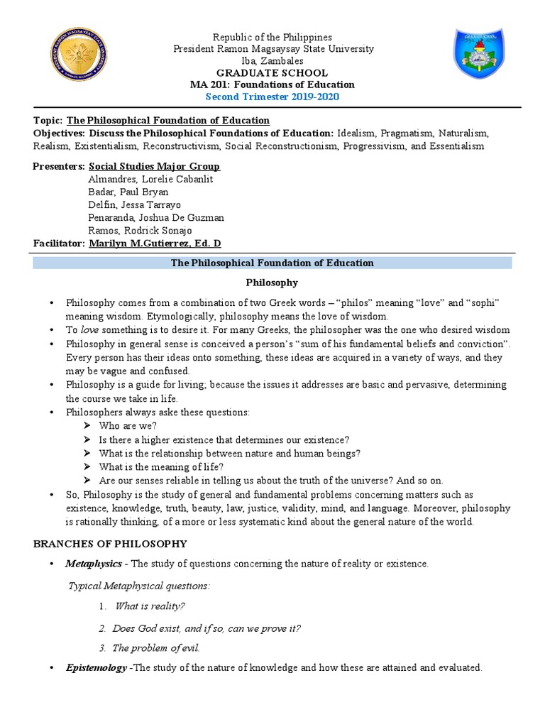 Philosophical Foundation of Education-MAED Social Studies Group | PDF | Idealism | Pragmatism