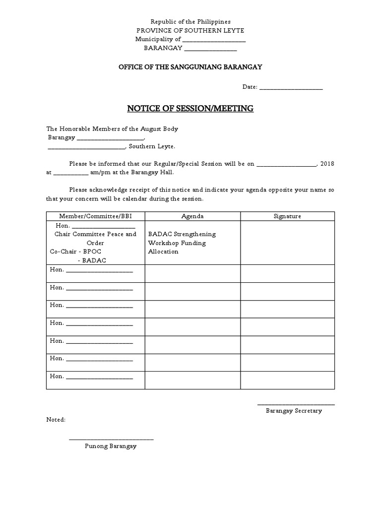 Notice of Session Format For Sangguniang Barangay | PDF