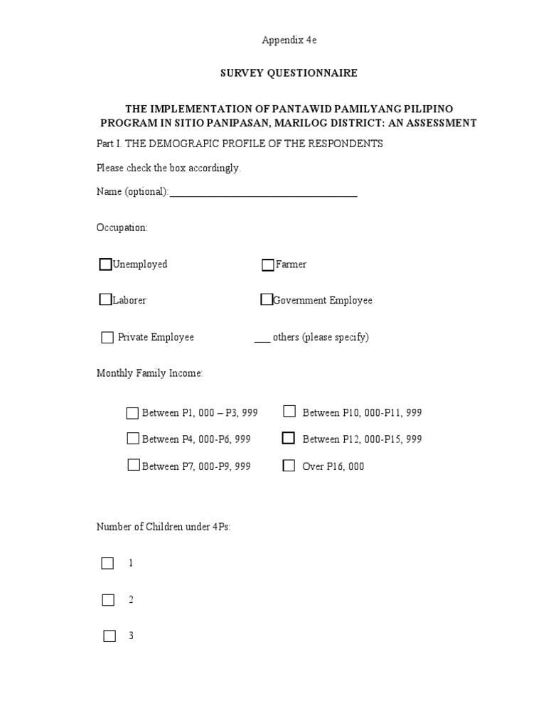 Survey Questionnaire The Implementation of Pantawid Pamilyang Pilipino ...