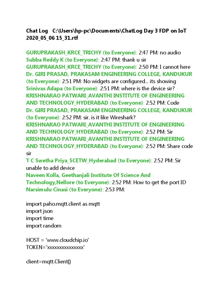 ChatLog Day 3 FDP On IoT 2020 - 05 - 06 15 - 31 | PDF ...