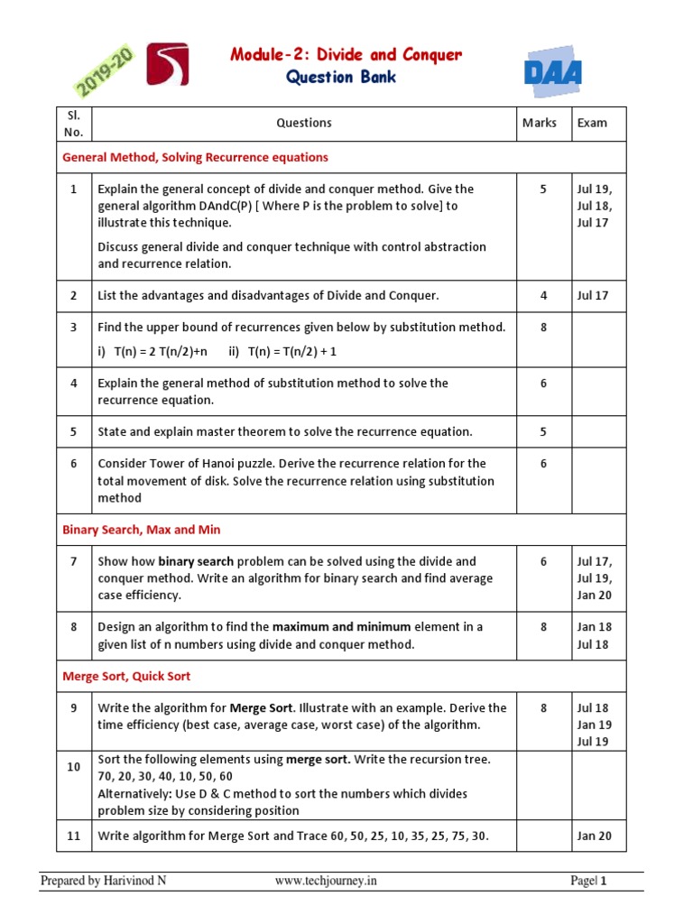 Module-2: Divide and Conquer: Question Bank | PDF | Recurrence Relation | Matrix (Mathematics)