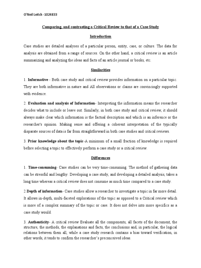 ONeil Leitch, Compare, and Contrast Critical Review To That of A Case ...