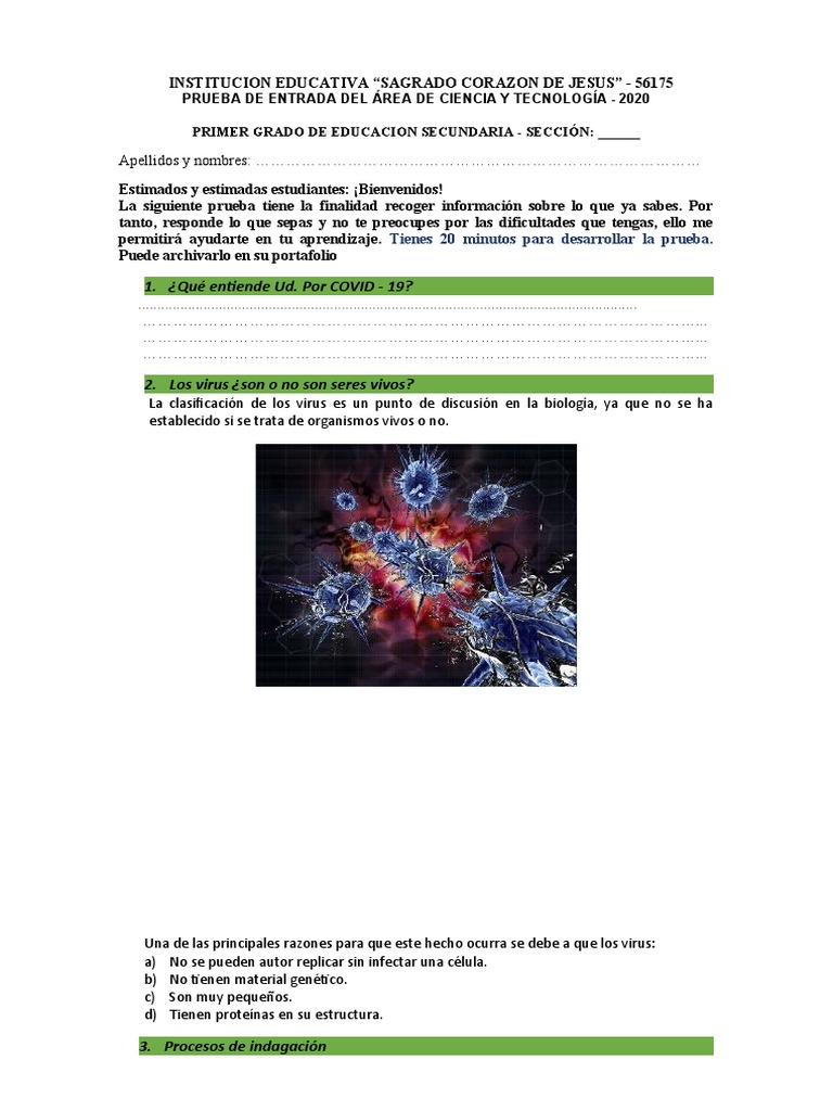Eval. Entrada CyT 1°A-B-C. 2020 | PDF | Oxígeno | Atmósfera de tierra