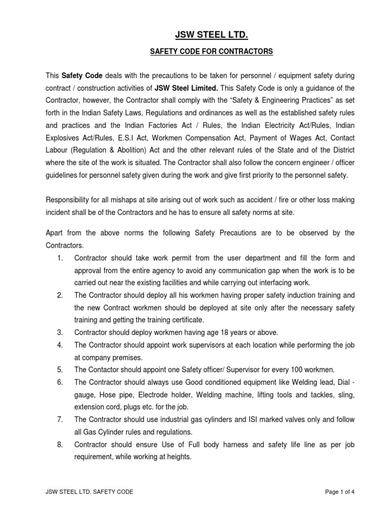 JSW Safety Code For Contractors PDF | PDF | Safety | Ac Power Plugs And ...