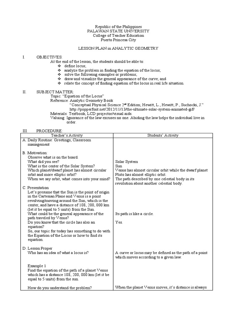 Locus Lesson Plan | PDF | Orbit | Analytic Geometry