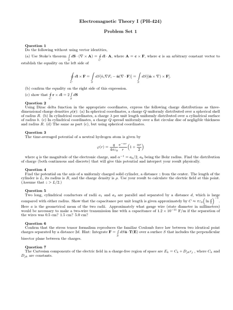 Electromagnetic Theory I (PH-424) Problem Set 1 | PDF | Electromagnetism | Geometry