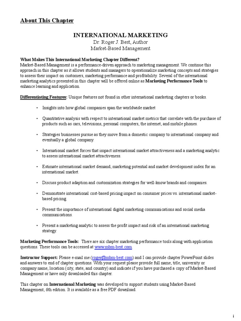 About This Chapter International Marketing: Dr. Roger J. Best, Author ...