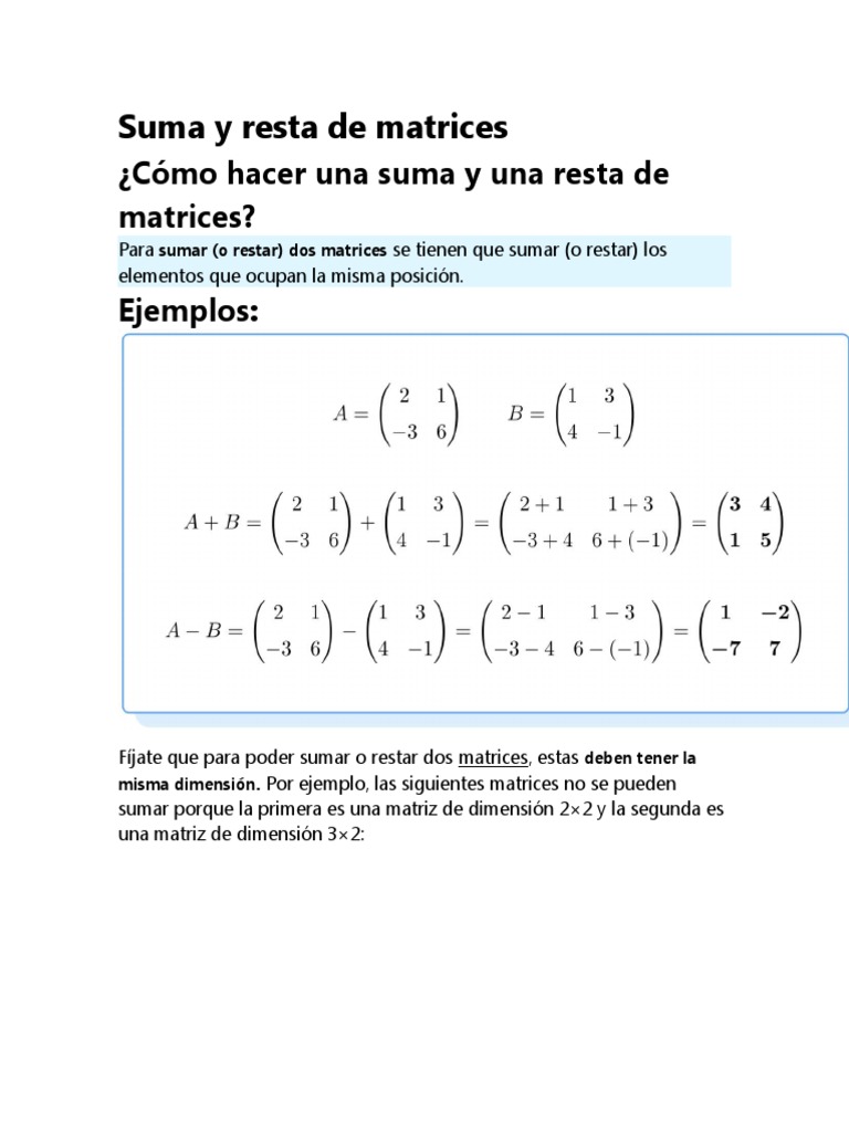 Suma y Resta de Matrices | PDF | Matriz (Matemáticas) | Sustracción
