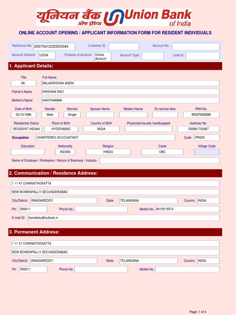 Online Account Opening Form Details | PDF | Cheque | Banks