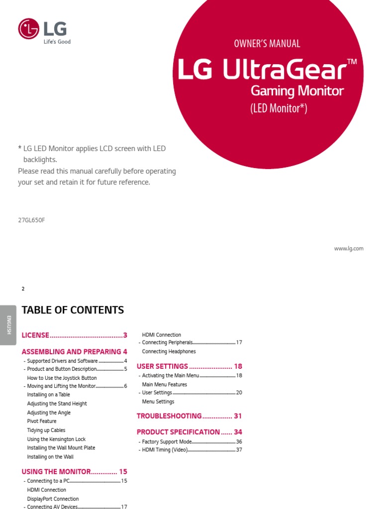 (LED Monitor ) : Owner'S Manual | PDF | Hdmi | Computer Monitor