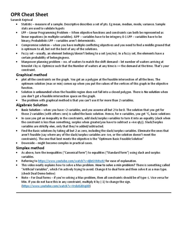 OPR Cheat Sheet: Graphical Method | PDF | Mathematical Optimization ...