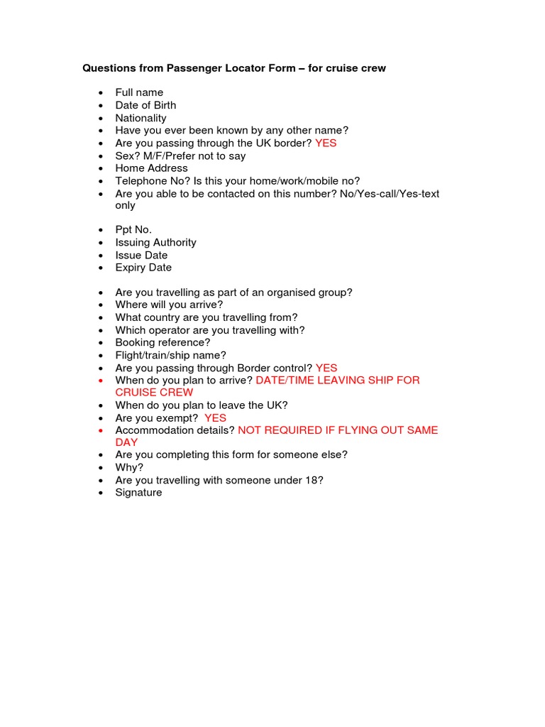 Questions From Passenger Locator Form | PDF