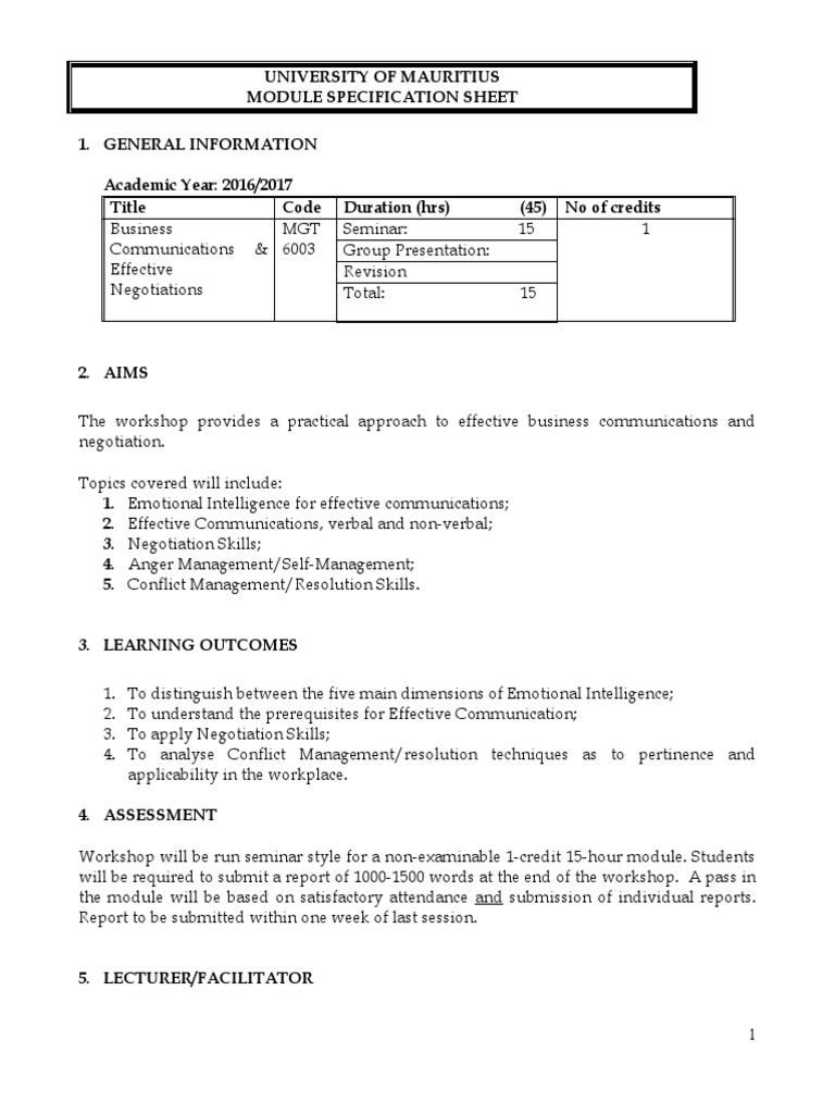 MSS-Negotiation and Communication Skills For Managers MGT 6003 Workshop ...