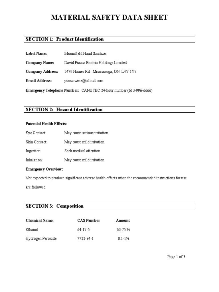MSDS Bloomfield Hand Sanitizer | PDF | Prevention | Occupational Safety ...