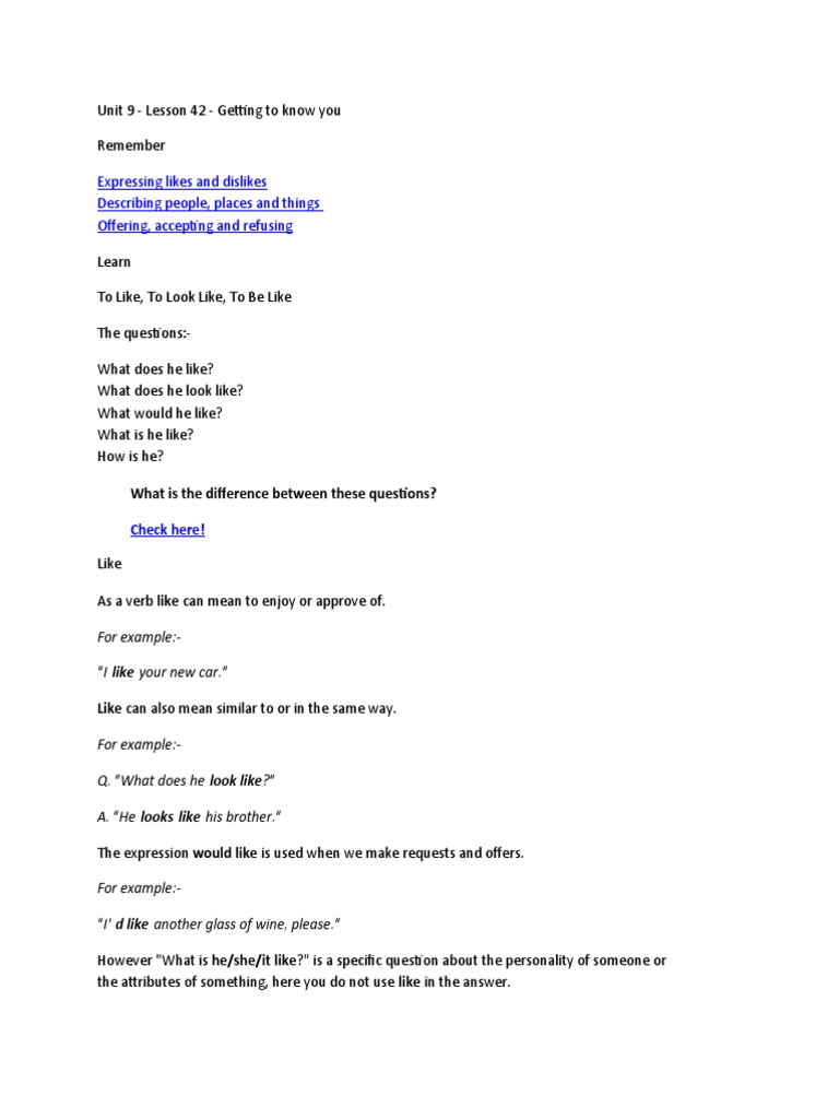 Expressing Likes and Dislikes Describing People, Places and Things Offering, Accepting and ...