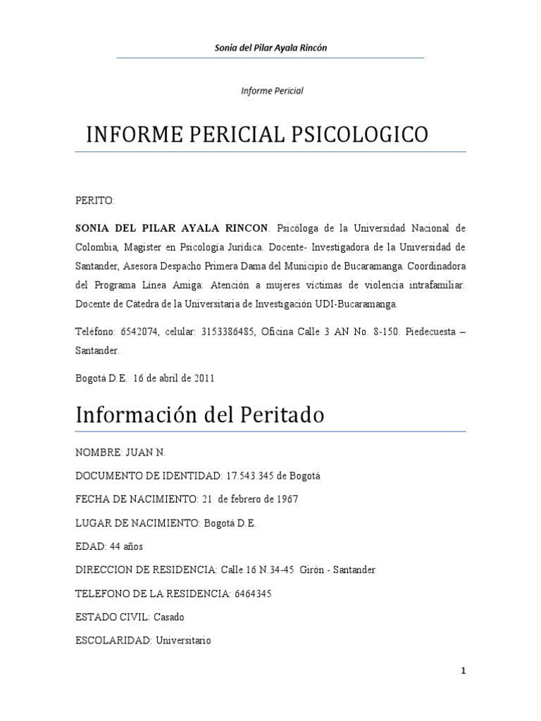 Informe Pericial Psicologico 1 | PDF | Abuso Sexual Infantil | Abuso sexual