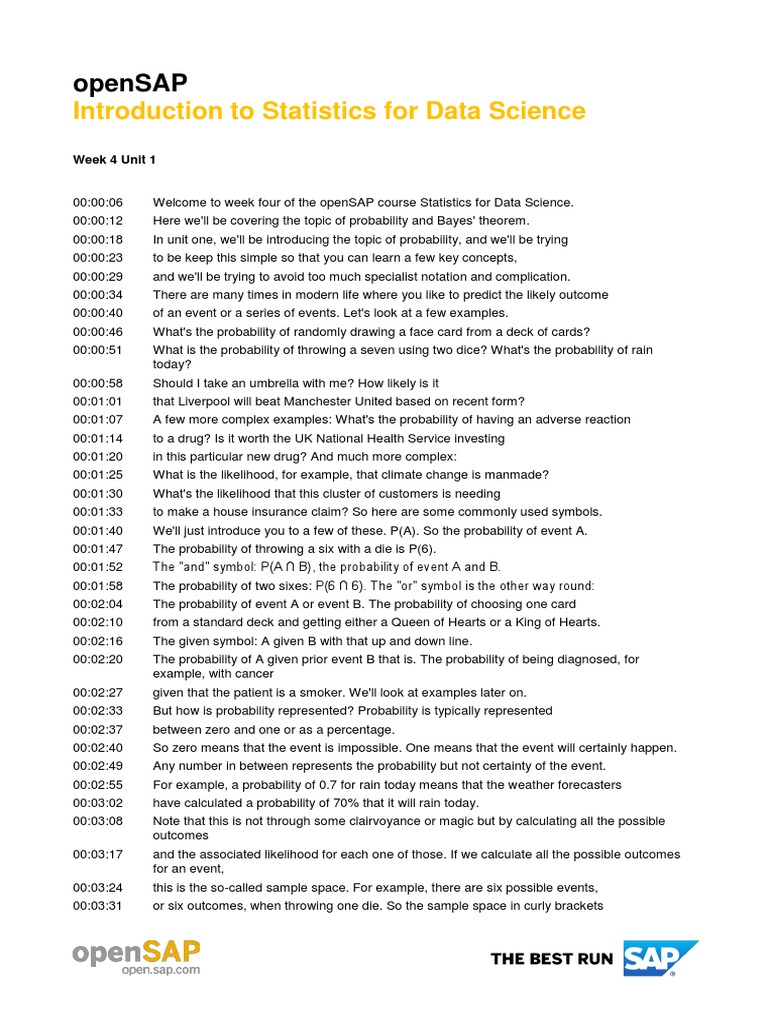 openSAP ds0 Week 4 Transcript en | PDF | Probability | Probability And Statistics
