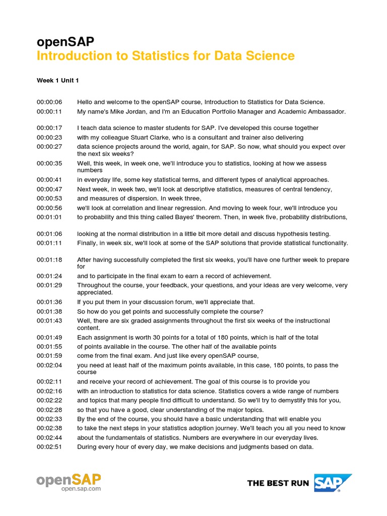 openSAP ds0 Week 1 Transcript PDF | PDF | Nonparametric Statistics | Statistical Significance