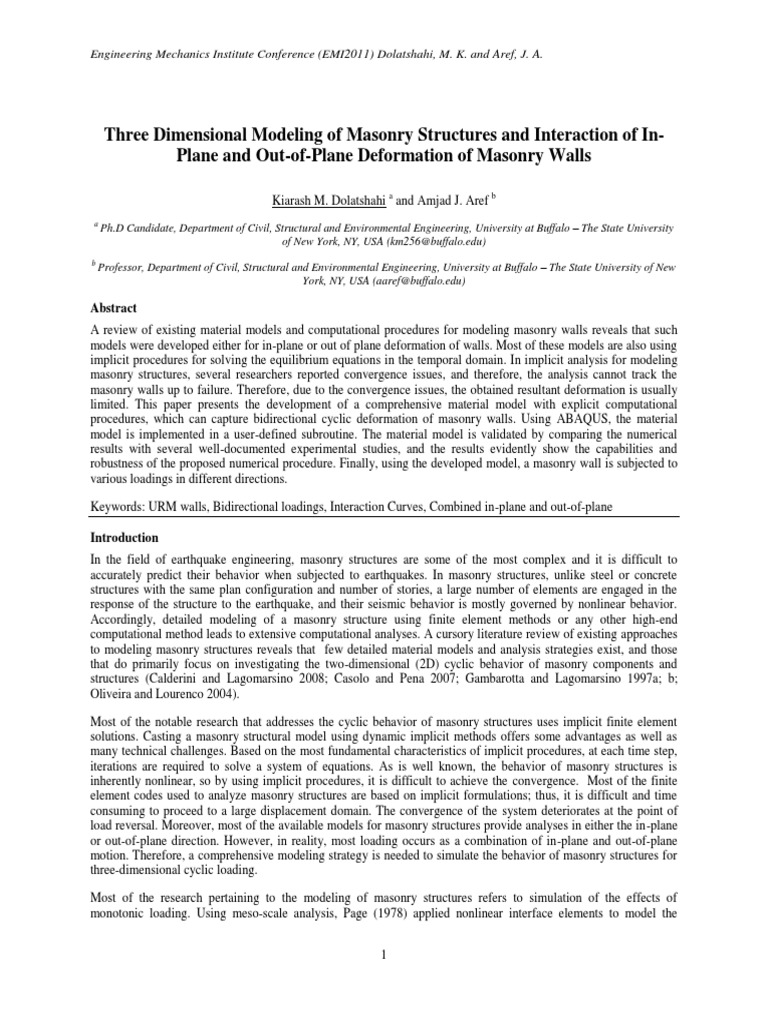 Three Dimensional Modeling of Masonry Structures and Interaction of In ...