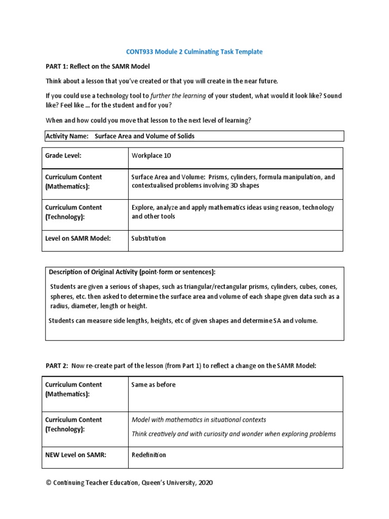 CONT933 Module 2 Culminating Task Template | PDF | Volume | Area
