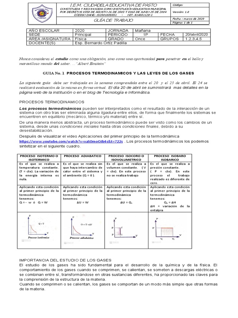 GUIA No. 1 Fisica 11-PROCESOS TERMODINAMICOS | PDF | Gases | Calor