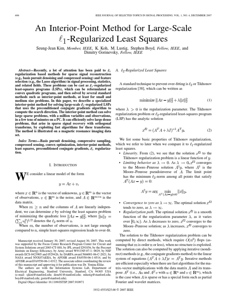 An Interior-Point Method For Large-Scale ' - Regularized Least Squares ...