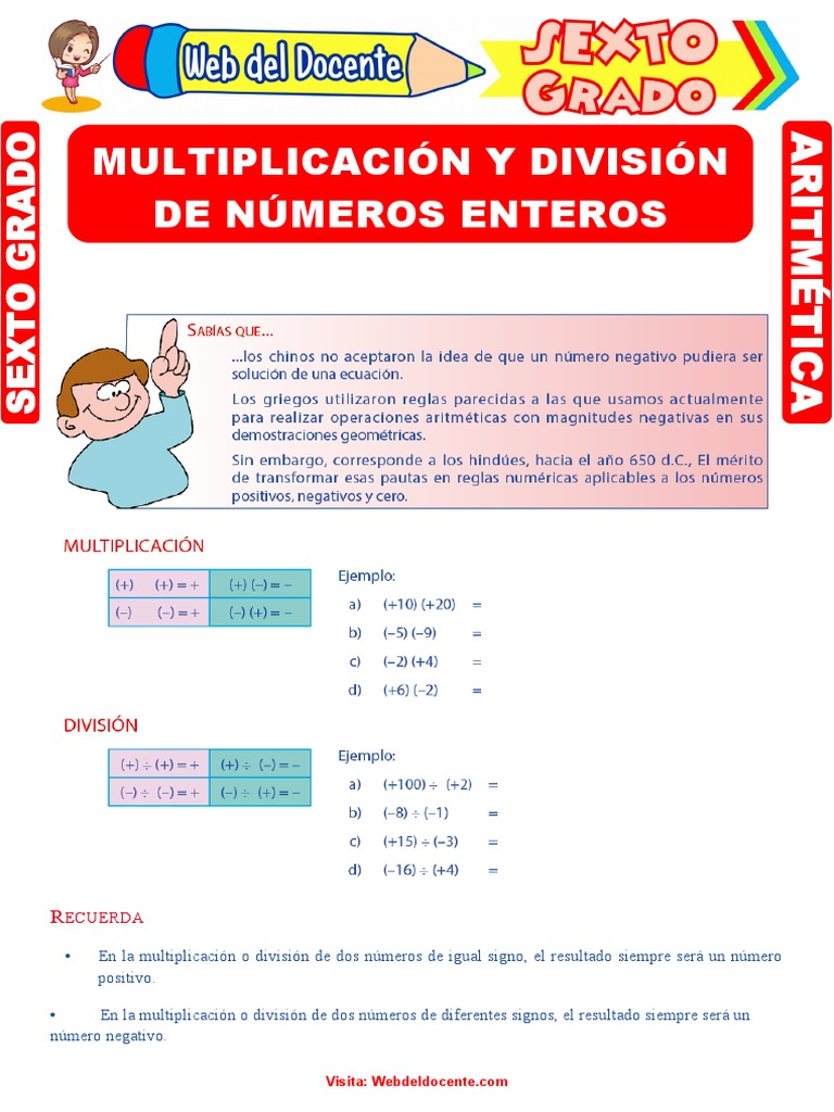 Multiplicación Y División De Números Enteros Para Sexto Grado De