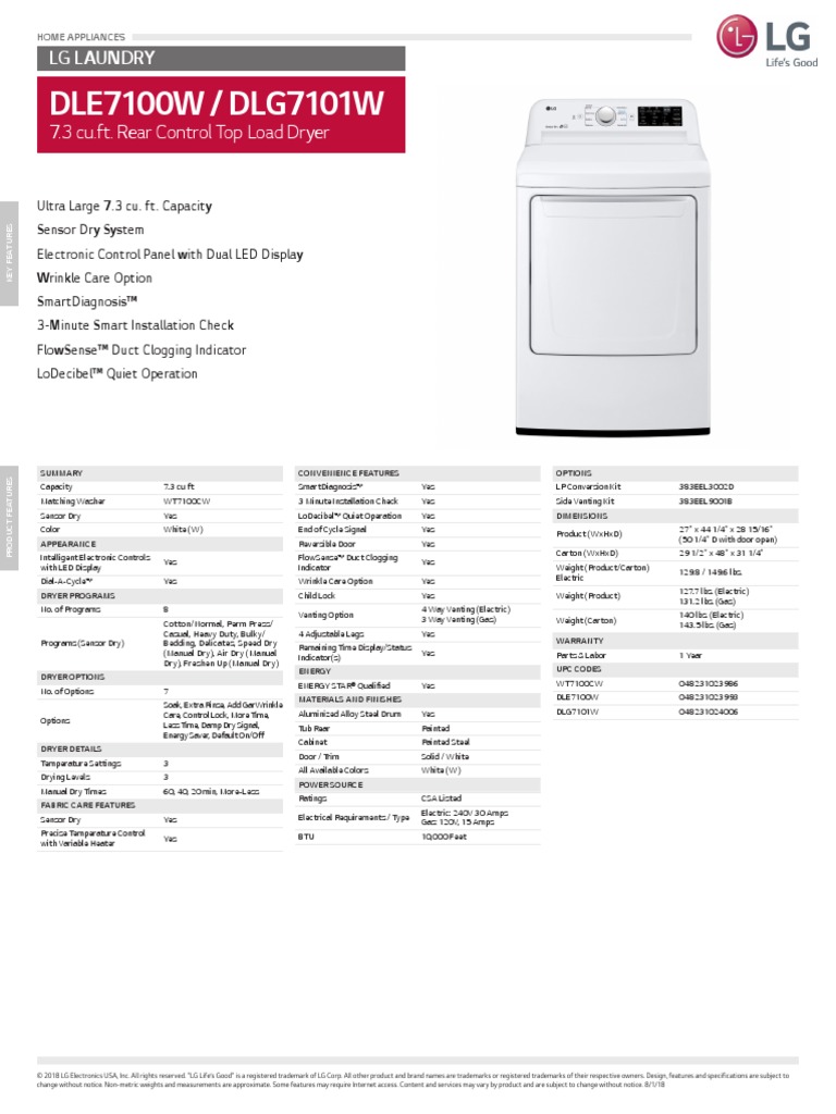 DLE7100W DLG7101W Spec Sheet | PDF | Duct (Flow) | Clothes Dryer
