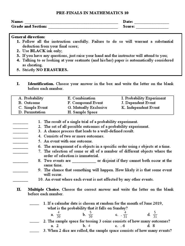 4th Grading Pre Final Test For Grade 10 | PDF | Probability ...