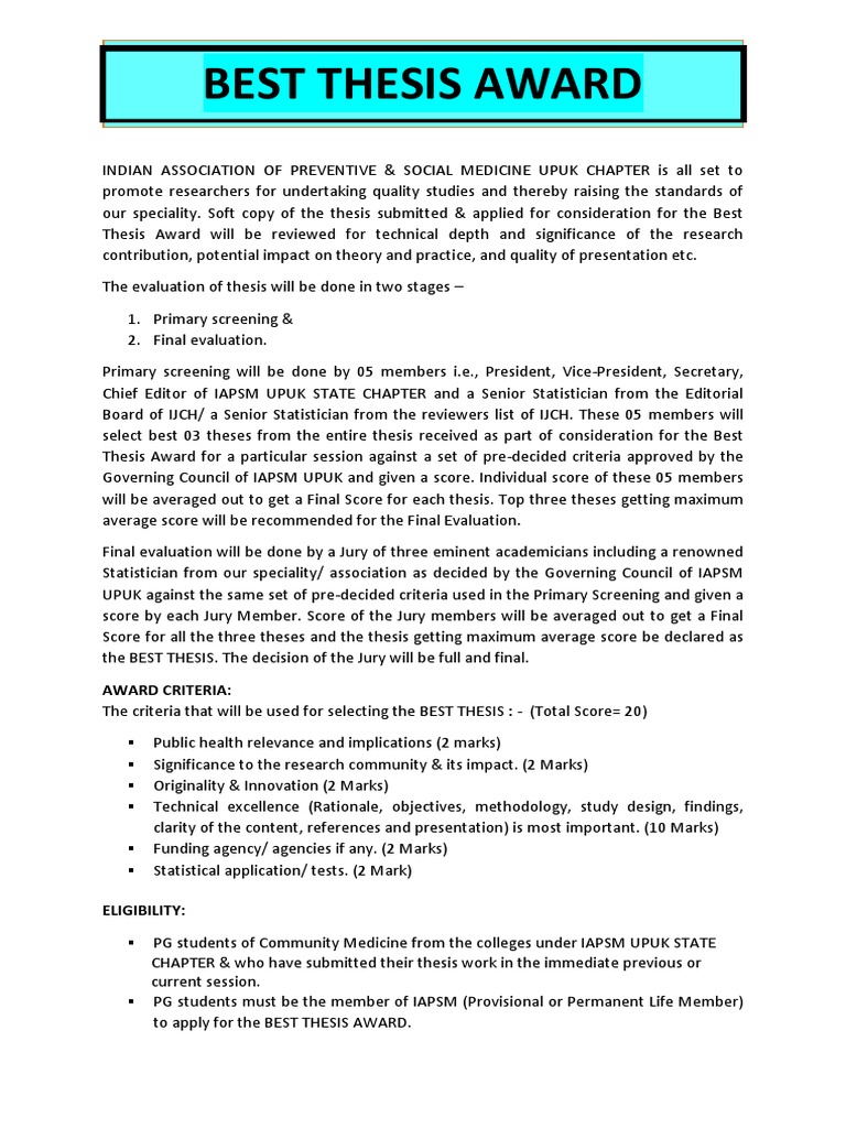 Criteria For Best Thesis Award PDF | PDF | Thesis | Evaluation