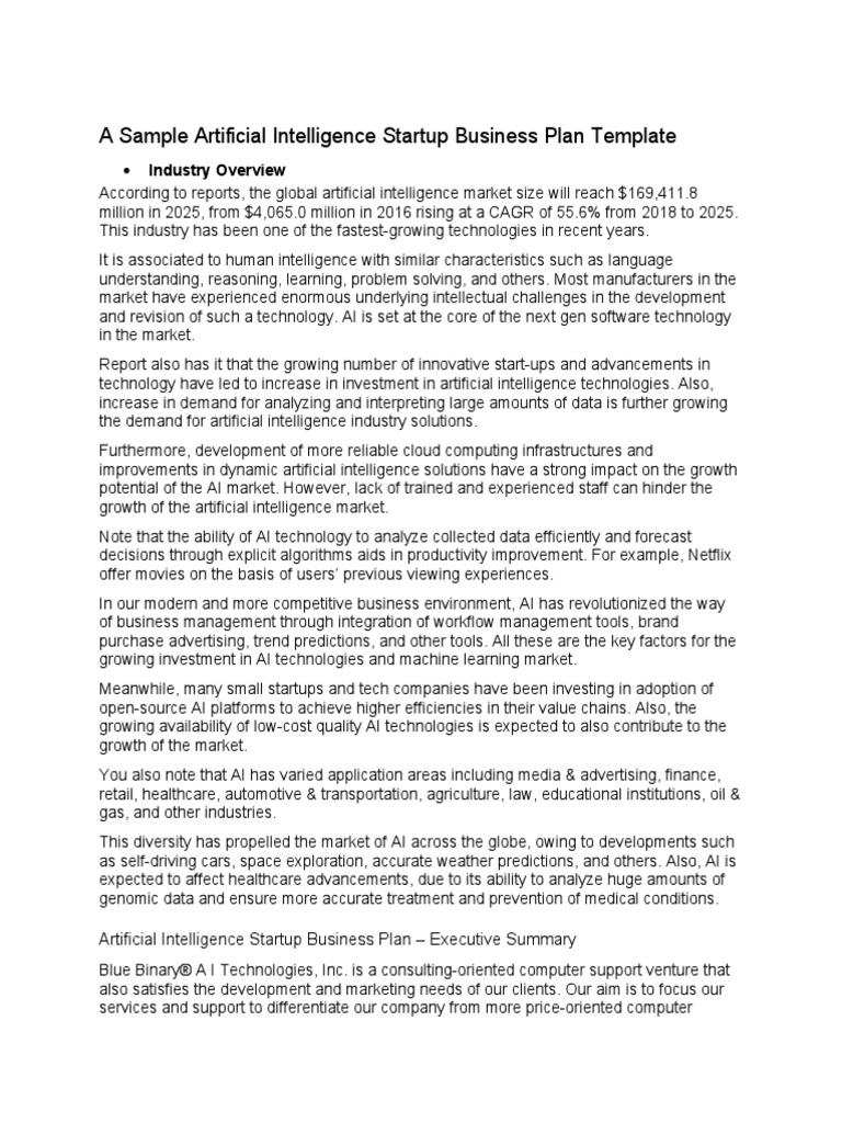 Business Plan Ai Startup | PDF | 3 D Printing | Artificial Intelligence