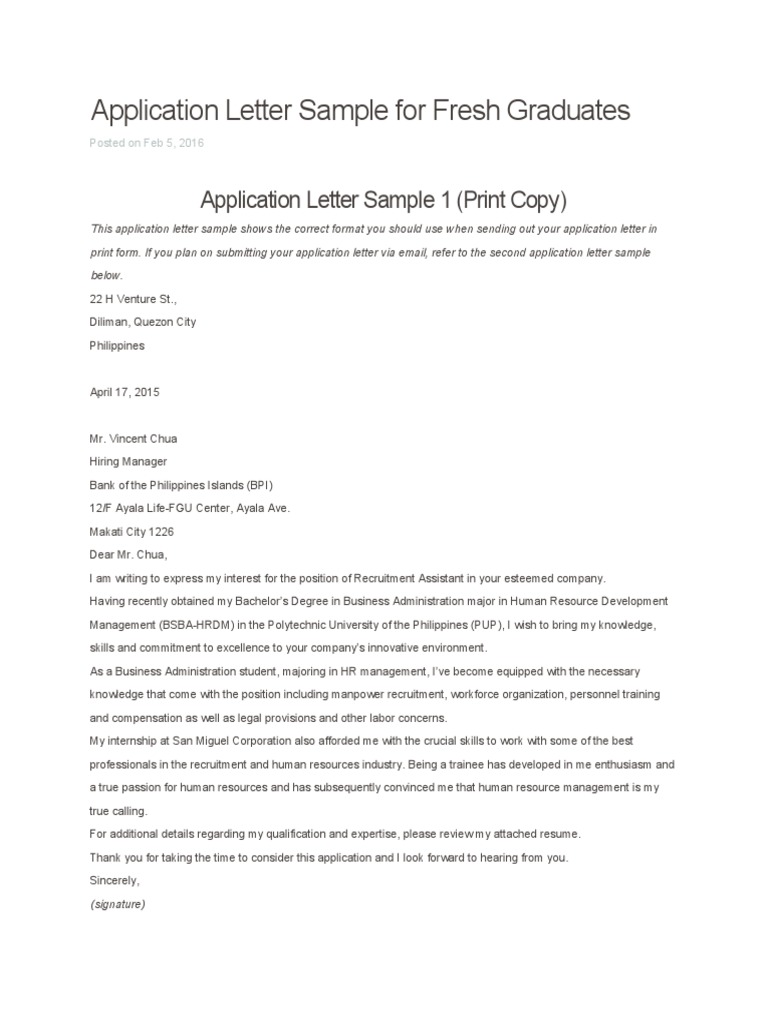Application Letter Sample For Fresh Graduates | PDF | Human Resources ...
