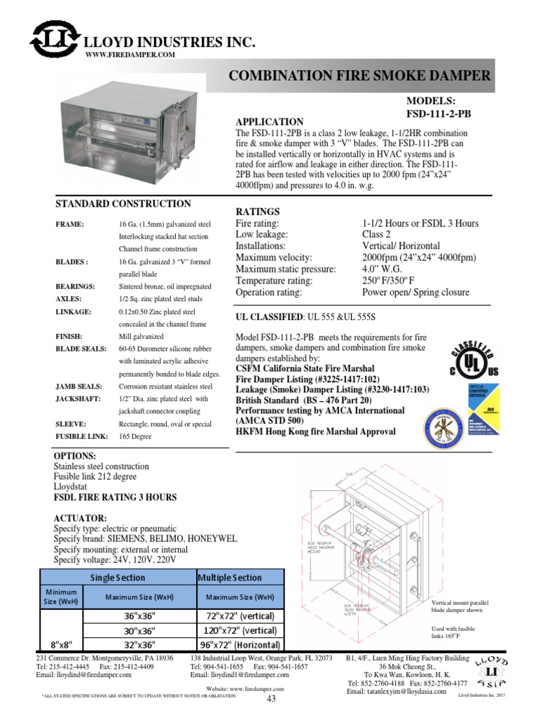 Combination Fire Smoke Damper Models FSD-111-2-PB | PDF | Manufactured ...