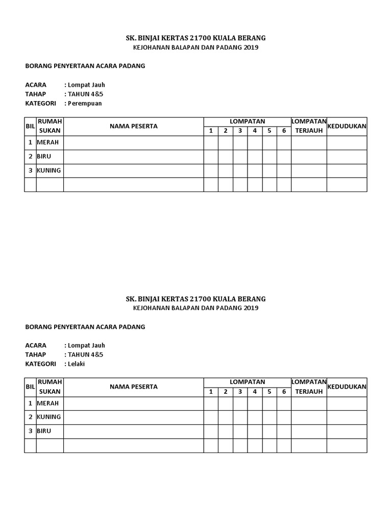 Borang Acara Padang 2019 SKBK | PDF