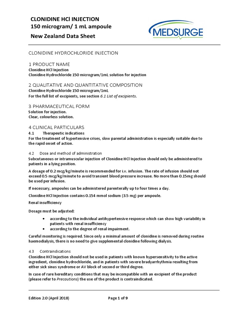 Clonidine HCl Injection Data Sheet | PDF | Dose (Biochemistry) | Chemistry