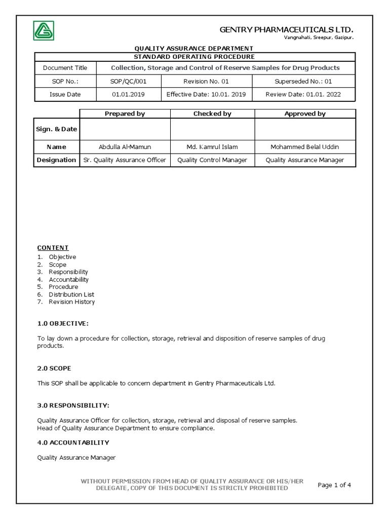 01.collection, Storage and Control of Reserve Samples For Drug Products ...