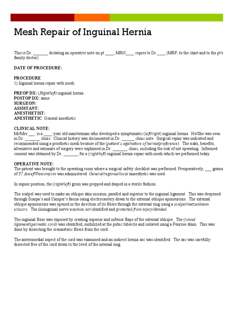 Inguinal Hernia Repair Operative Note | PDF | Surgery | Medical Specialties