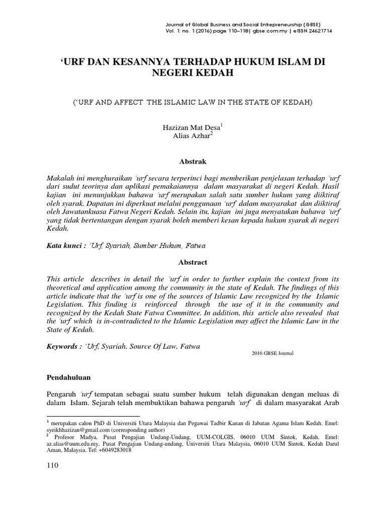 Urf Dan Kesannya Terhadap Hukum Islam Di Kedah | PDF