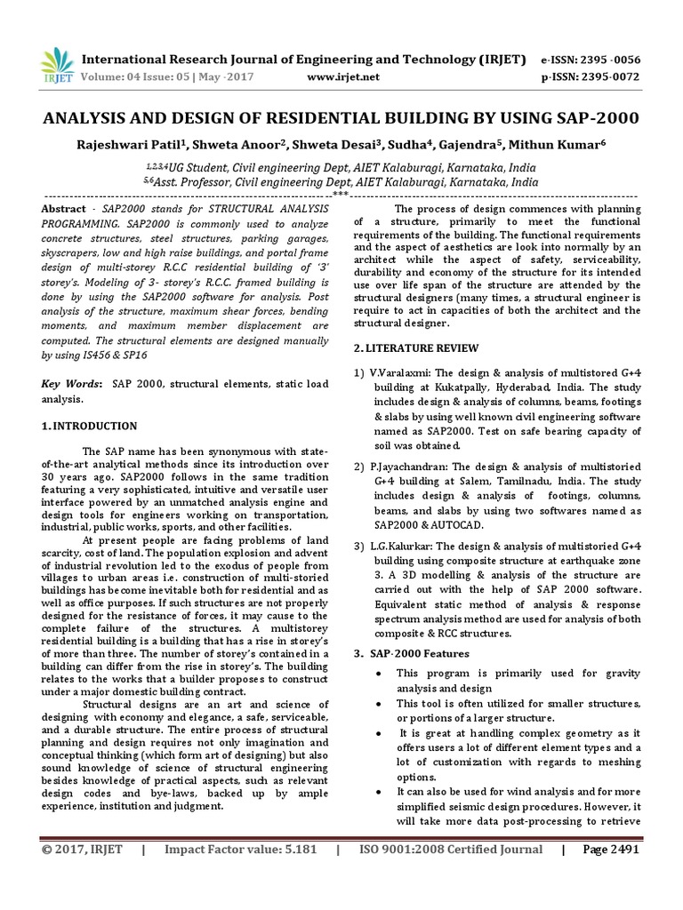 Analysis and Design of Residential Building by Using Sap-2000 | PDF