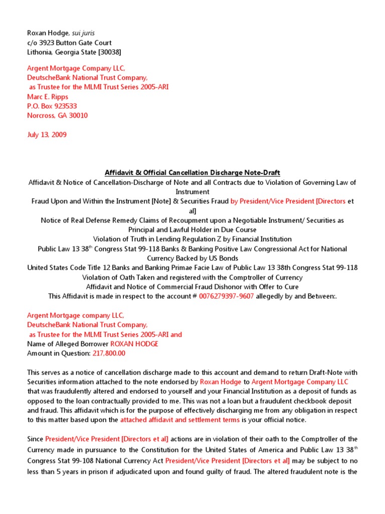 Affidavit and Official Cancellation Discharge Note-Draft | PDF ...