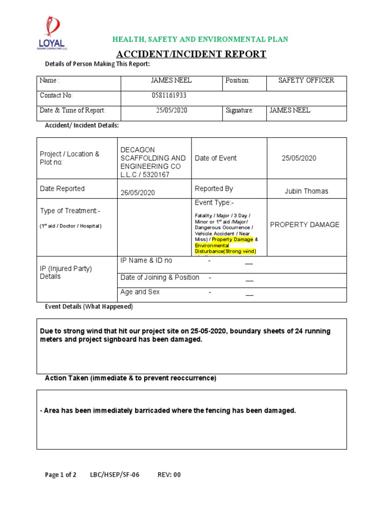 ACCIDENT INCIDENT REPORT (Decagon) | PDF | Traffic Collision | Safety