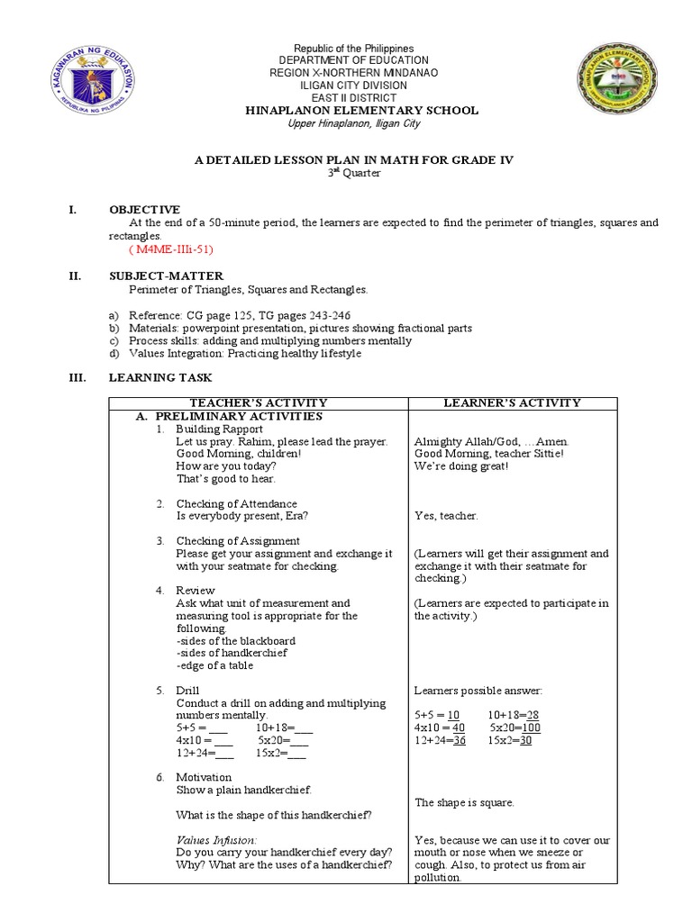 A Detailed Lesson Plan in Math For Grade Iv: (M4Me-Iiii-51) | PDF ...