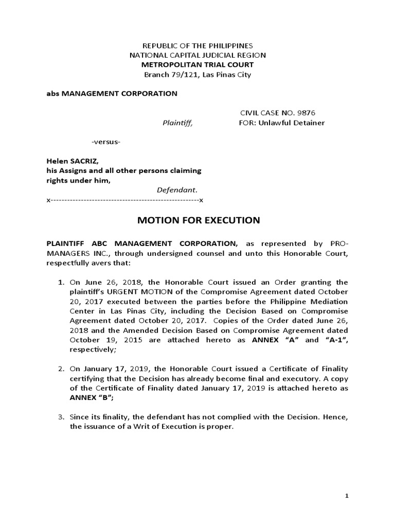 Motion For Execution Sacriz Case | PDF | Lawsuit | Social Institutions
