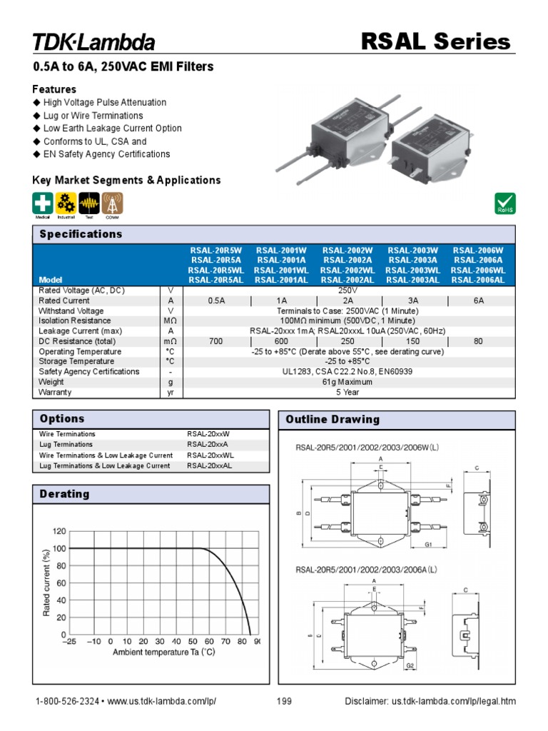 RSAL Series: 0.5A To 6A, 250VAC EMI Filters | PDF | Electrical ...
