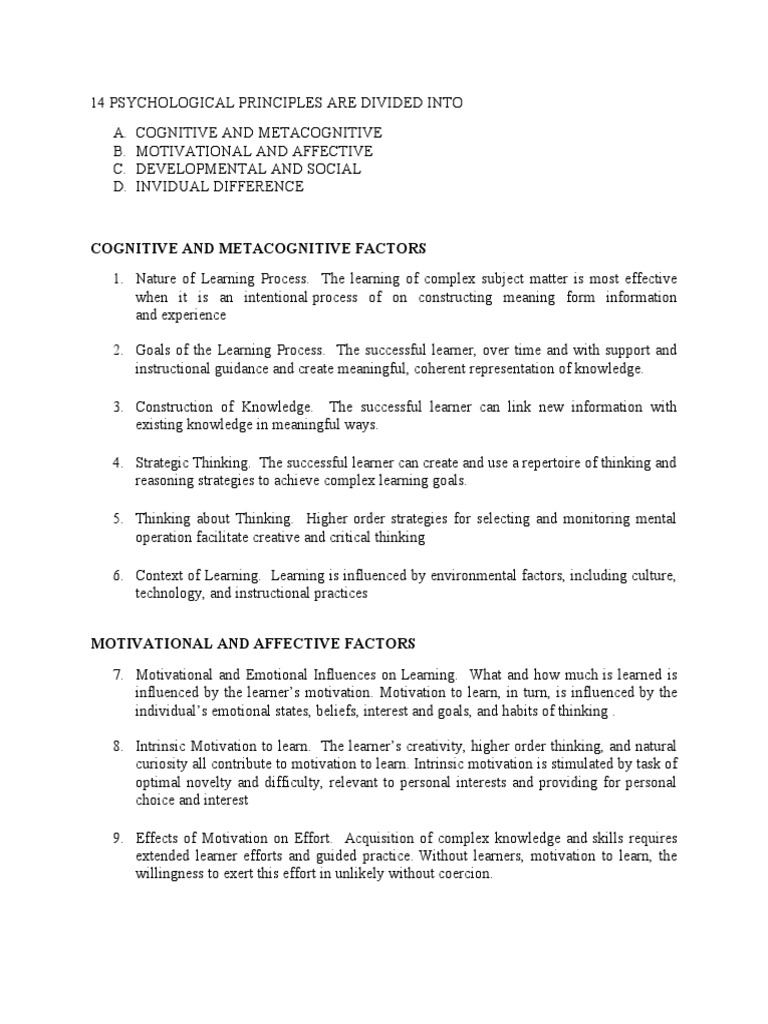 14 Principles of Learner-Centered Psychology | PDF | Metacognition ...