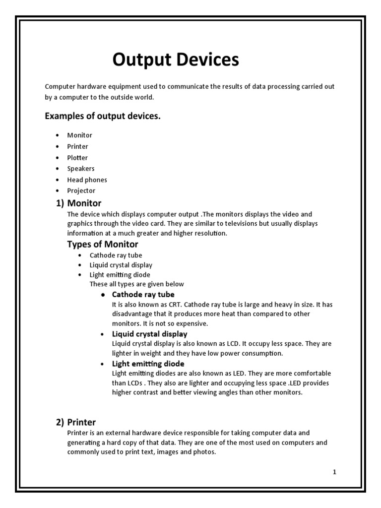 Examples of Output Devices | PDF | Printer (Computing) | Computer Monitor