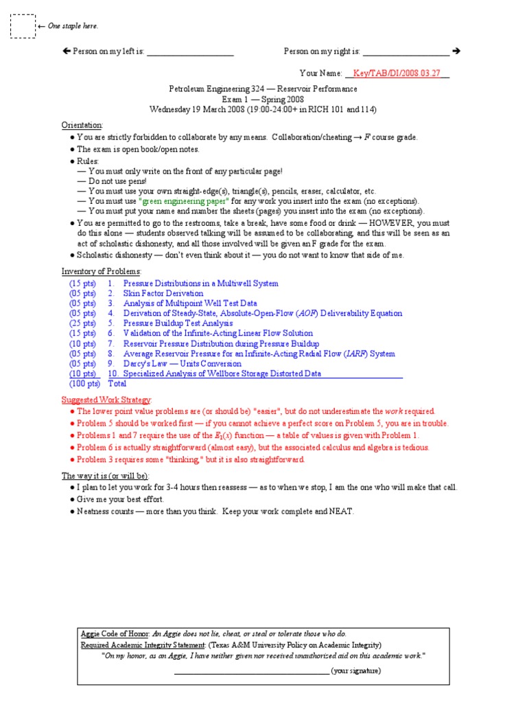 P324 08A Exam 01 Key | PDF | Petroleum Reservoir | Permeability (Earth ...