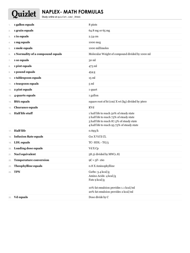 NAPLEX Math Formulas Reference Sheet | PDF | Drugs
