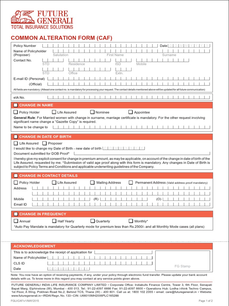 Common Alteration Form (Caf) : Ddmmyyy Y | PDF | Life Insurance ...