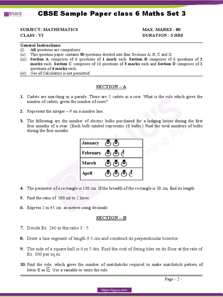 CBSE Sample Paper Class 6 Maths Set 3: Section - A | PDF | Triangle ...